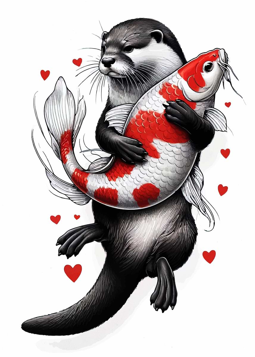 'Otter Hugging Koi Fish with Hearts' Poster, picture, metal print ...