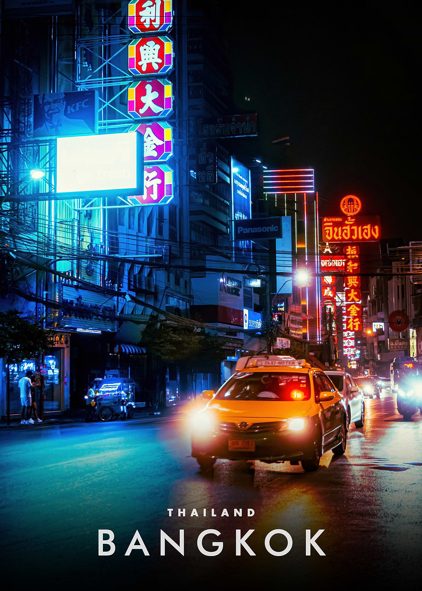 'Bangkok Nightscape: Neon Lights and Taxis' Poster, picture, metal ...