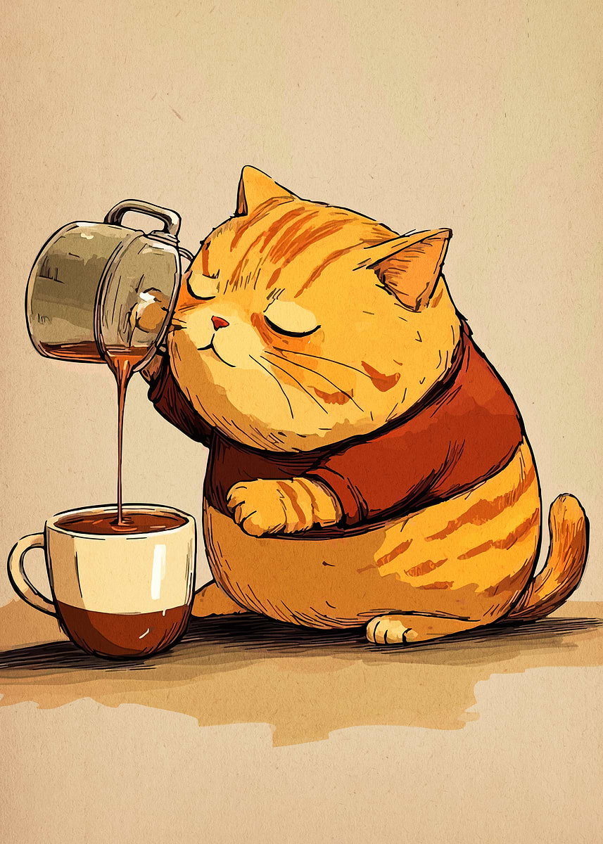 'Cat Pouring Coffee Illustration' Poster, picture, metal print, paint ...