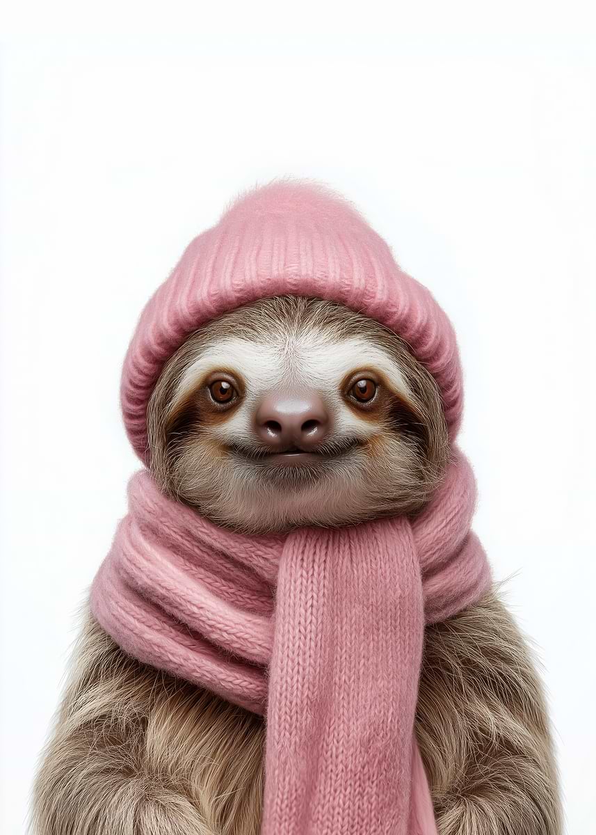 'Cozy Sloth in Pink Hat and Scarf' Poster, picture, metal print, paint ...