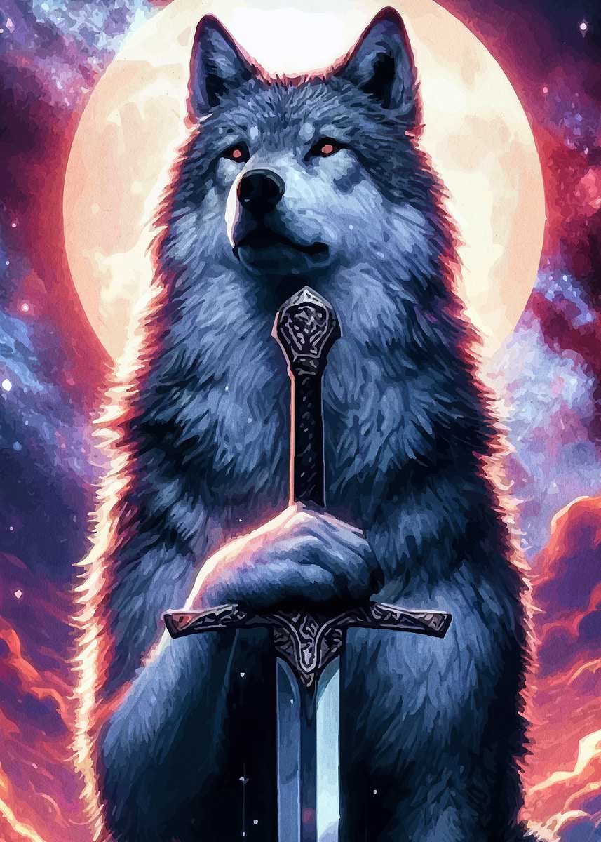 'Wolf Warrior with Sword and Moon' Poster, picture, metal print, paint ...