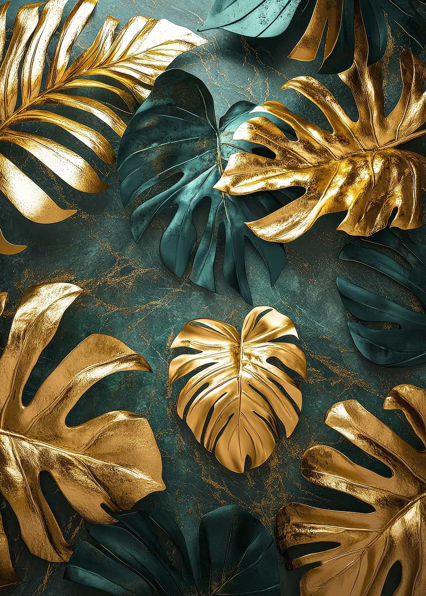 'Golden and Teal Monstera Leaf Pattern' Poster, picture, metal print ...