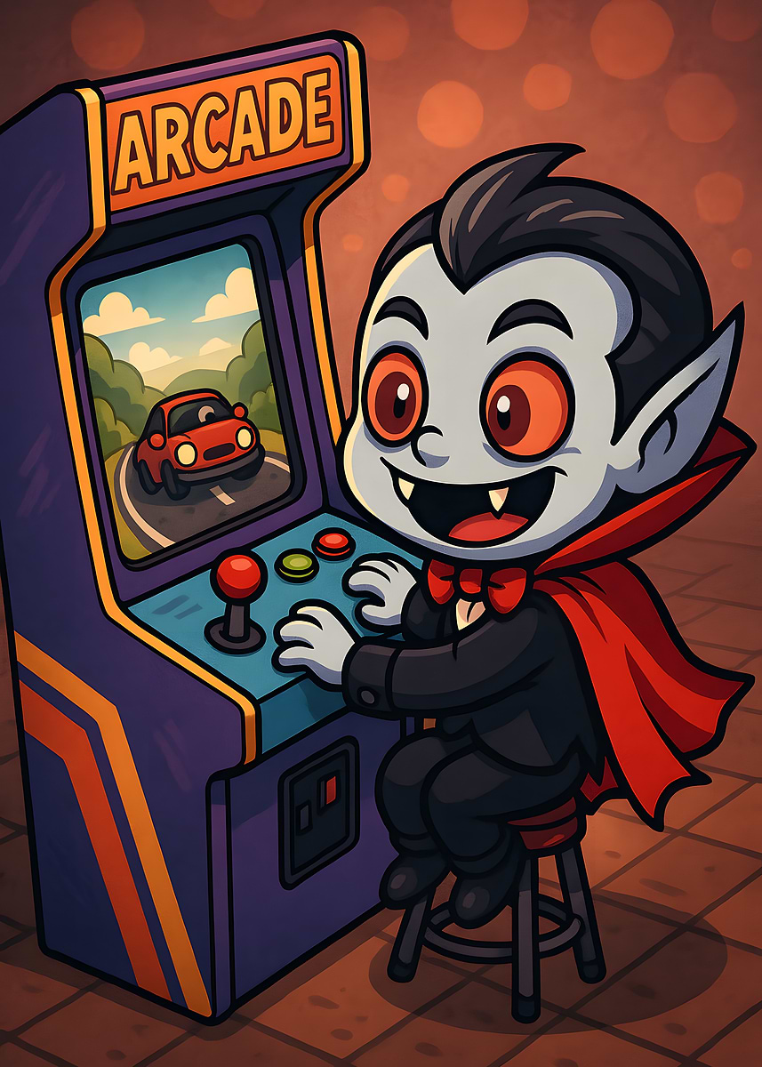 'Cartoon Vampire Playing Arcade Game' Poster, picture, metal print ...