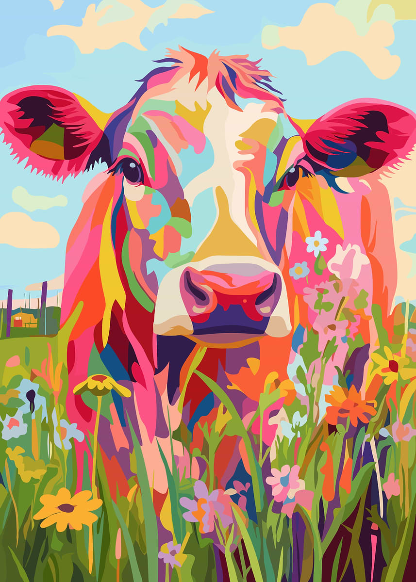 'Colorful Cow in a Field' Poster, picture, metal print, paint by ...