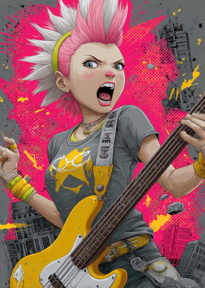 'Punk Rocker with Yellow Bass Guitar' Poster, picture, metal print ...