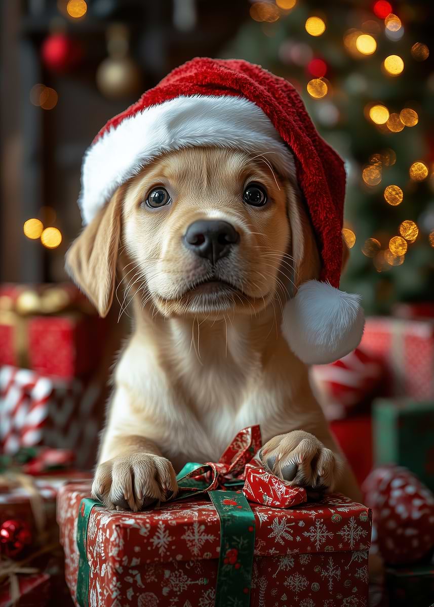 'Christmas Puppy with Santa Hat' Poster, picture, metal print, paint by ...