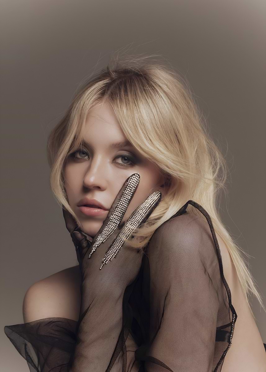 'Sydney Sweeney Portrait with Black Gloves' Poster, picture, metal ...