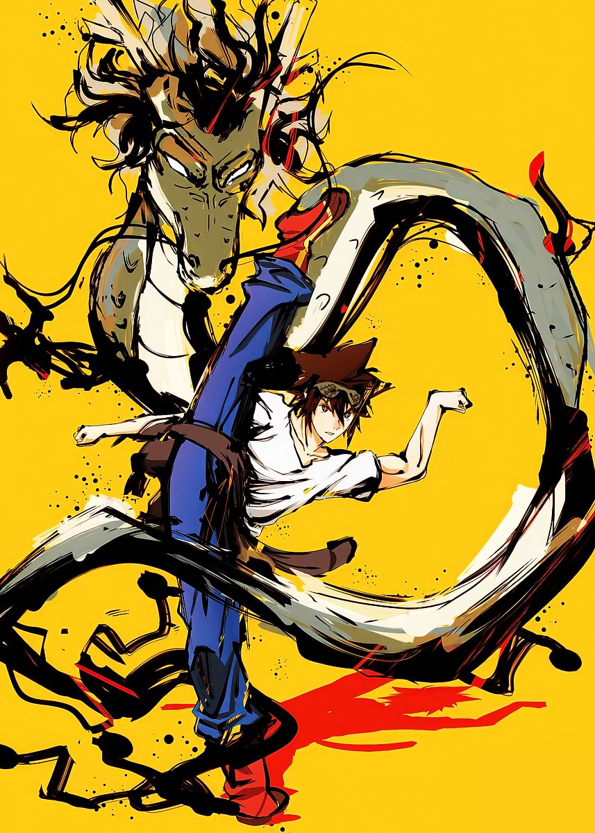 'Anime Character with Dragon on Yellow' Poster, picture, metal print ...