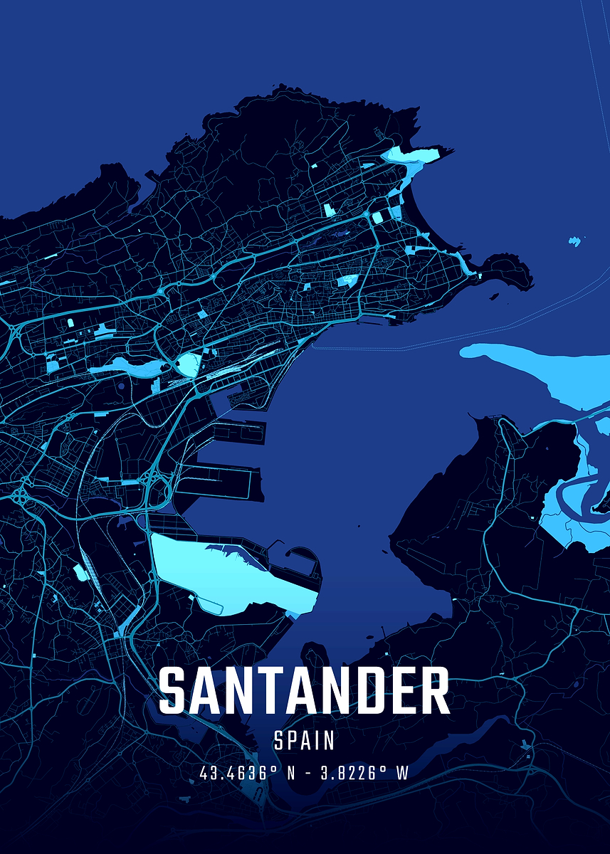 'Santander Midnight City Map' Poster, picture, metal print, paint by ...