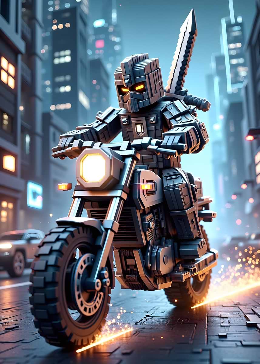 'Blocky Robot Riding Motorcycle in City' Poster, picture, metal print ...