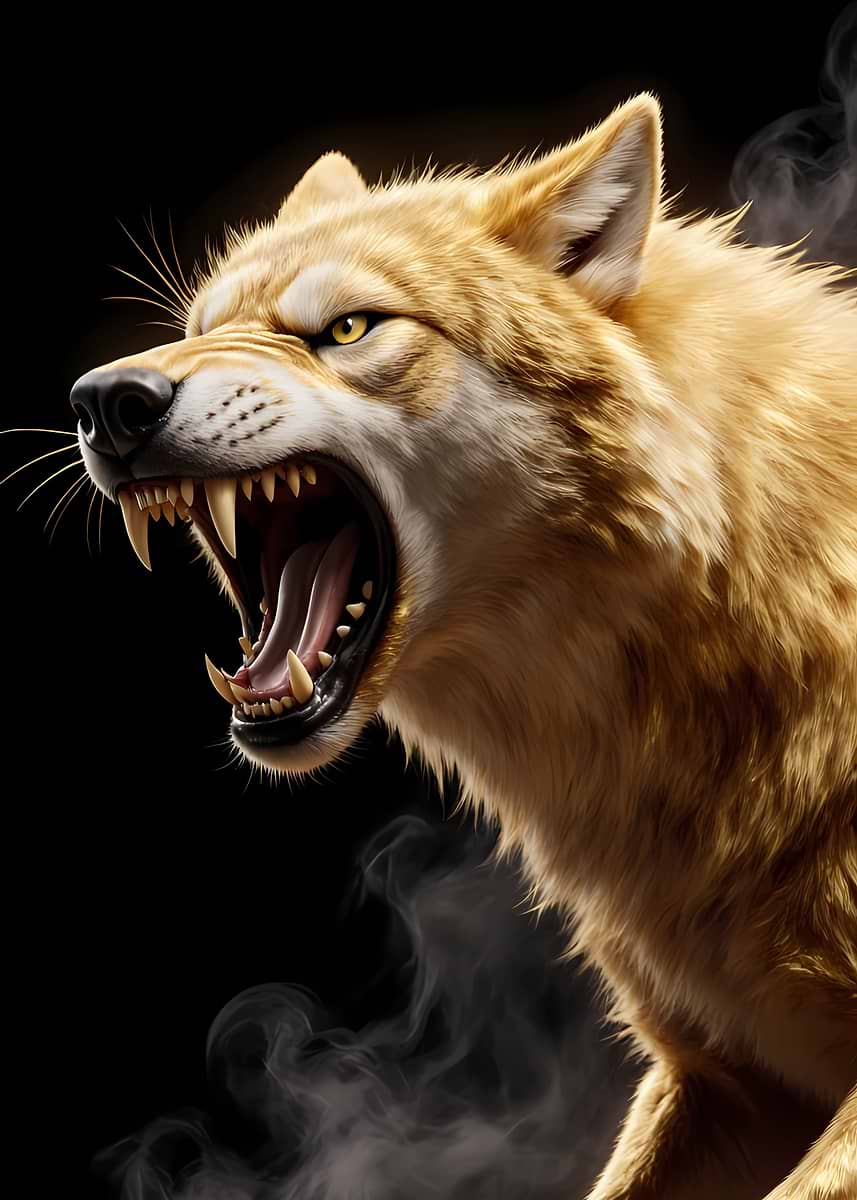 'Roaring Golden Wolf Black Background' Poster, picture, metal print ...