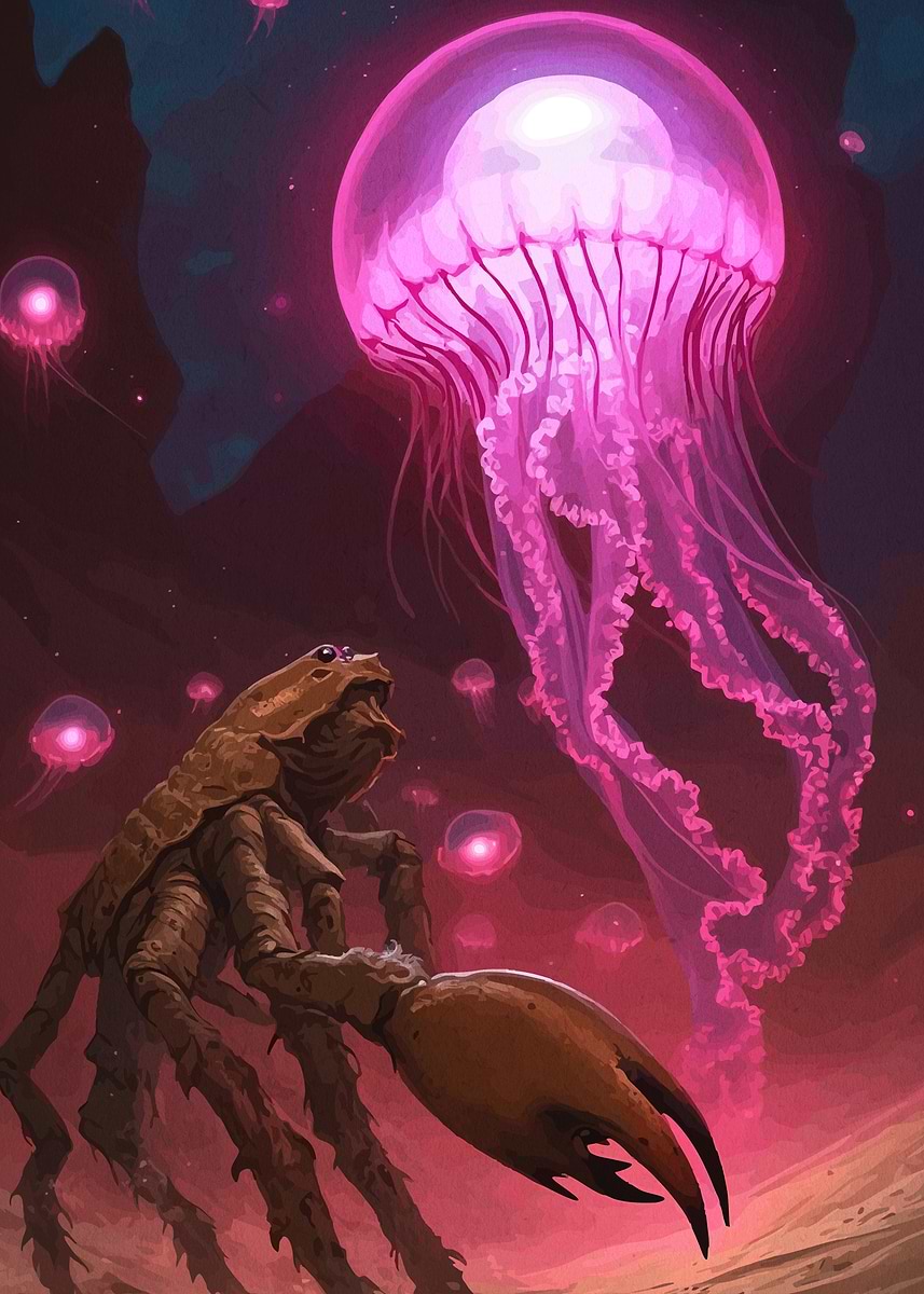 'Crab and Jellyfish Fantasy Scene' Poster, picture, metal print, paint ...