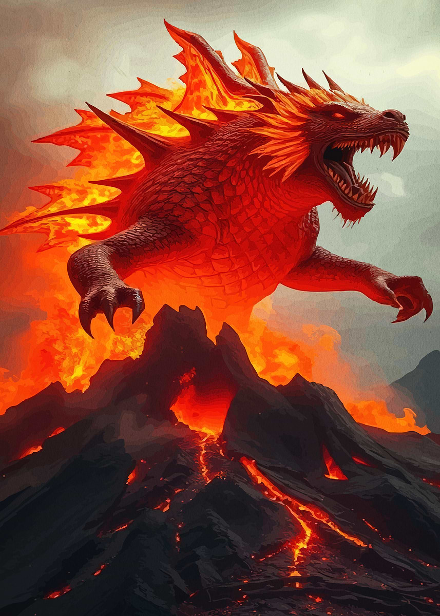 'Fiery Dragon Over Volcano' Poster, picture, metal print, paint by ...