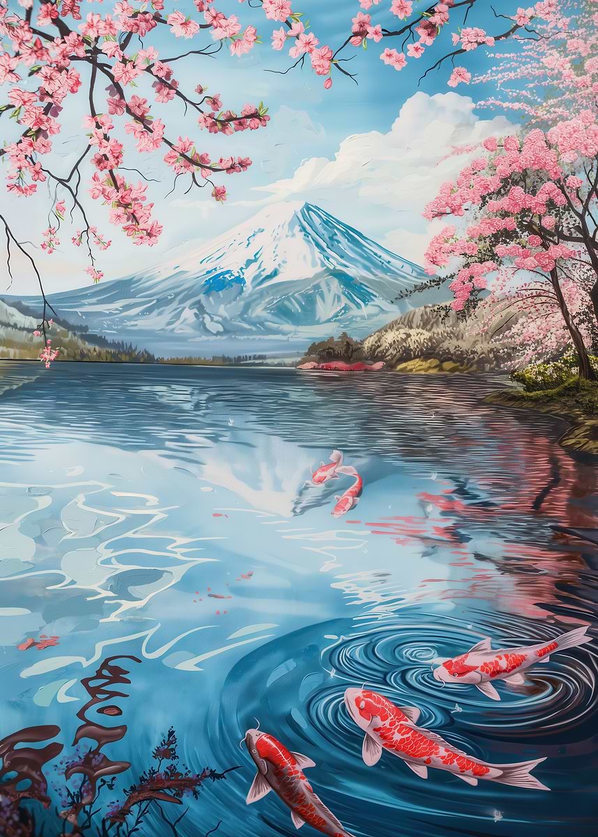 'Mount Fuji and Koi Fish Painting' Poster, picture, metal print, paint ...