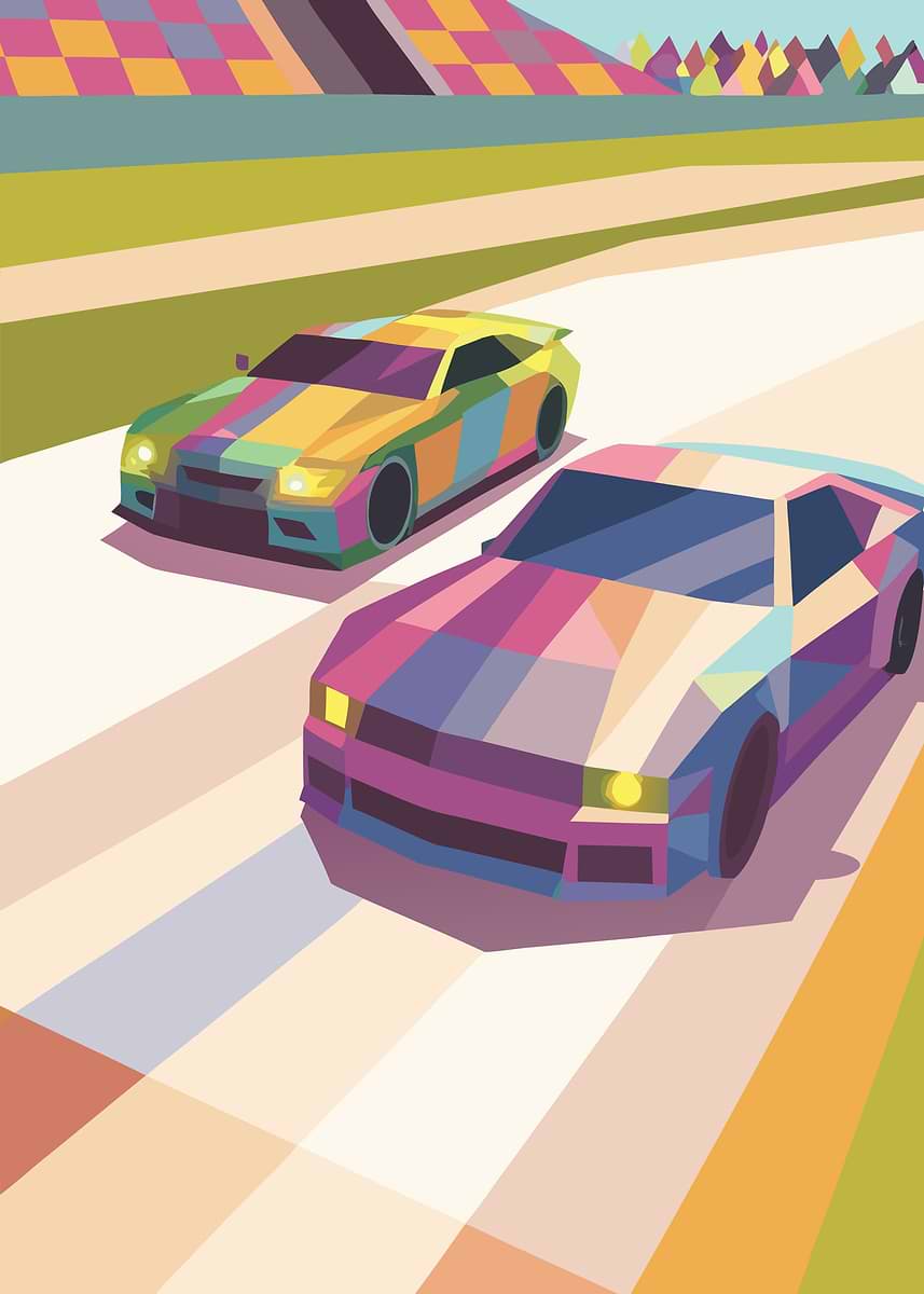 'Colorful Cars Racing on Track' Poster, picture, metal print, paint by ...