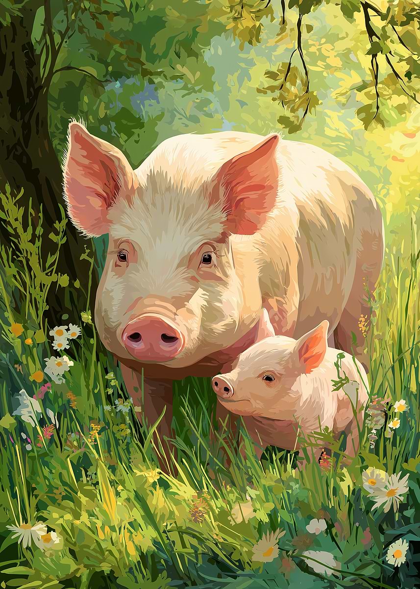 'Pig and Piglet Animal Family' Poster, picture, metal print, paint by ...