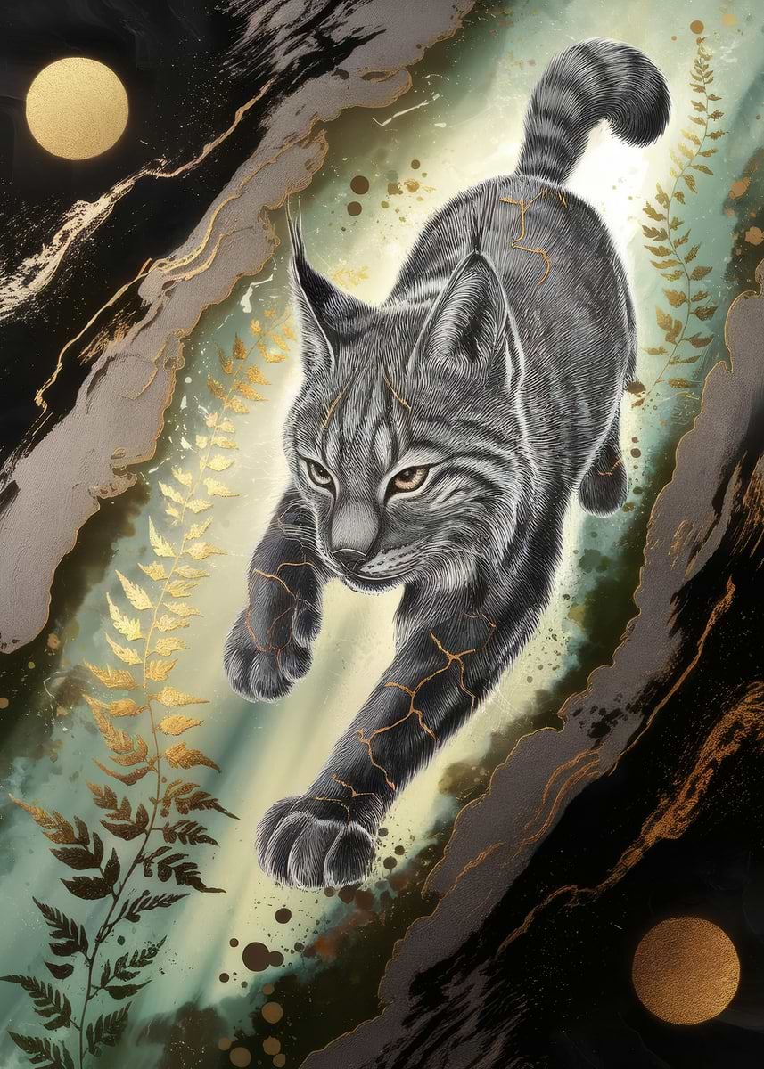 'Lynx in Abstract Golden Forest' Poster, picture, metal print, paint by ...