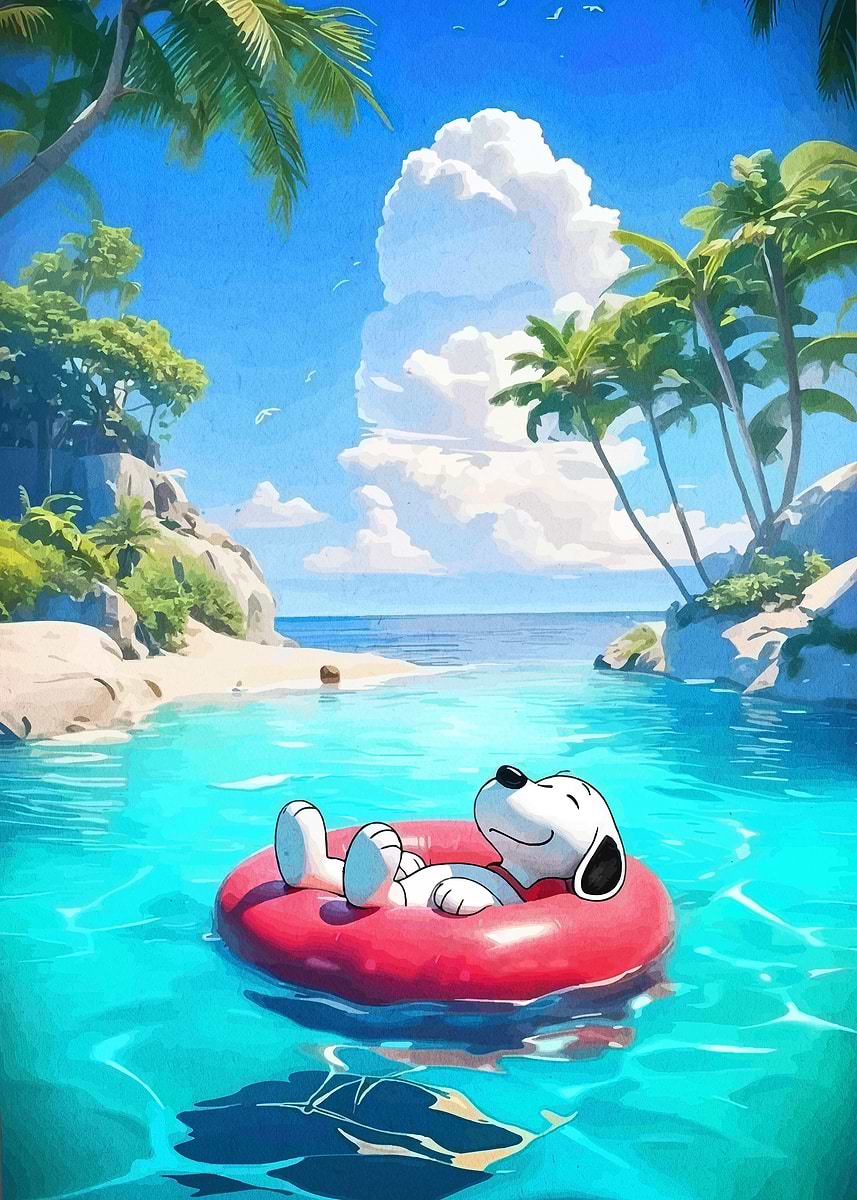 'Snoopy Relaxing on Tropical Beach' Poster, picture, metal print, paint ...