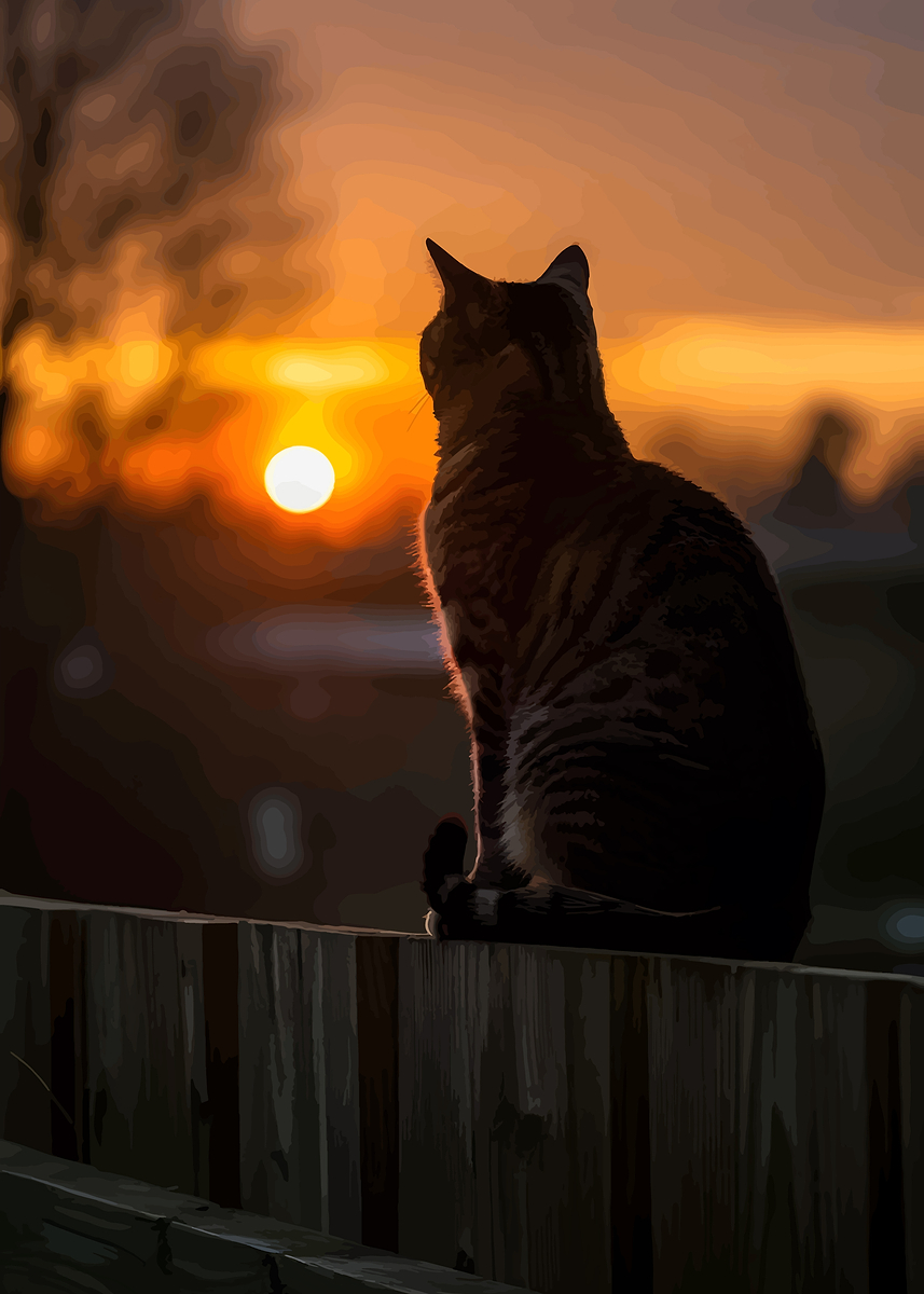 'Cat Silhouette at Sunset' Poster, picture, metal print, paint by ...