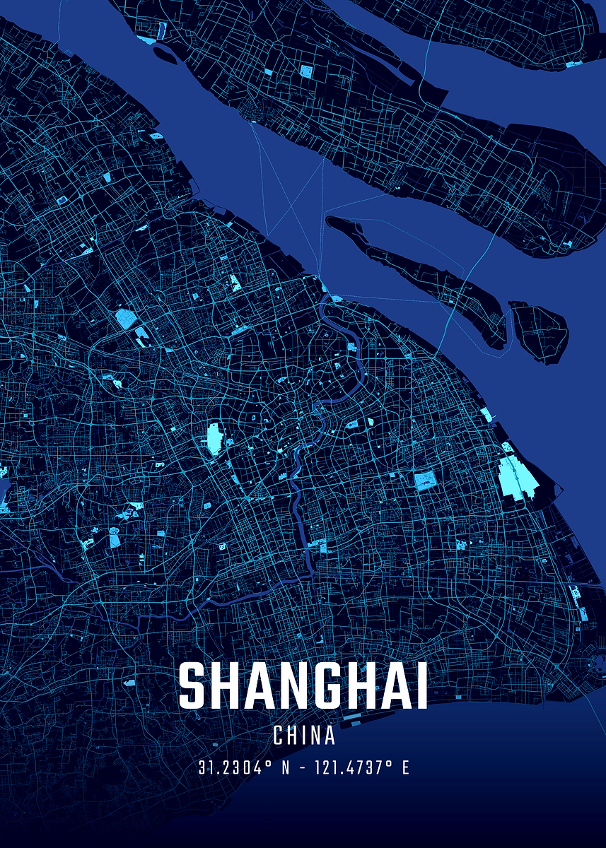 'Shanghai Midnight City Map' Poster, picture, metal print, paint by ...