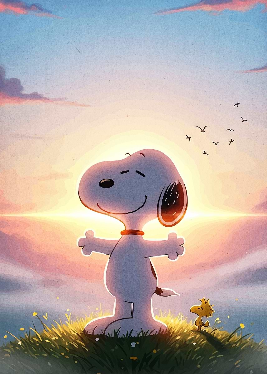 'Snoopy and Woodstock Sunrise Embrace' Poster, picture, metal print ...