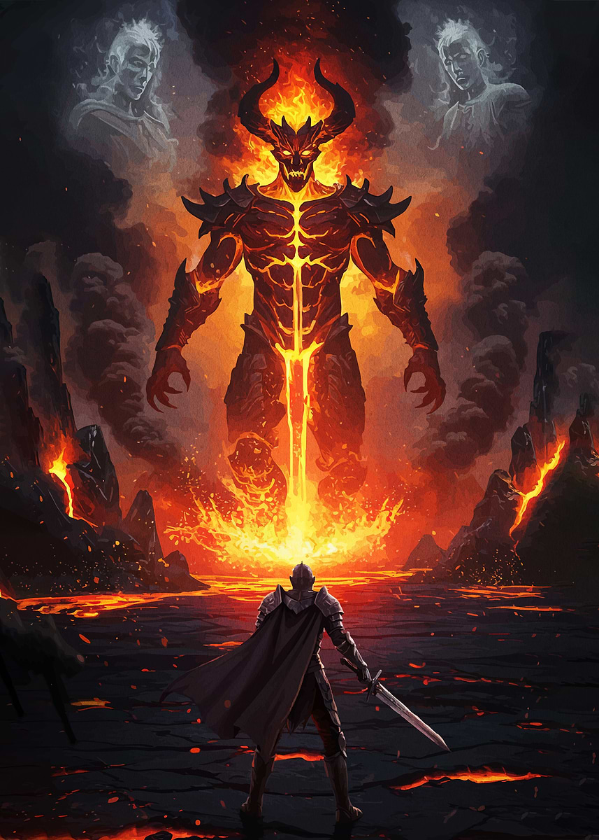 'Knight facing fiery demon hell' Poster, picture, metal print, paint by ...