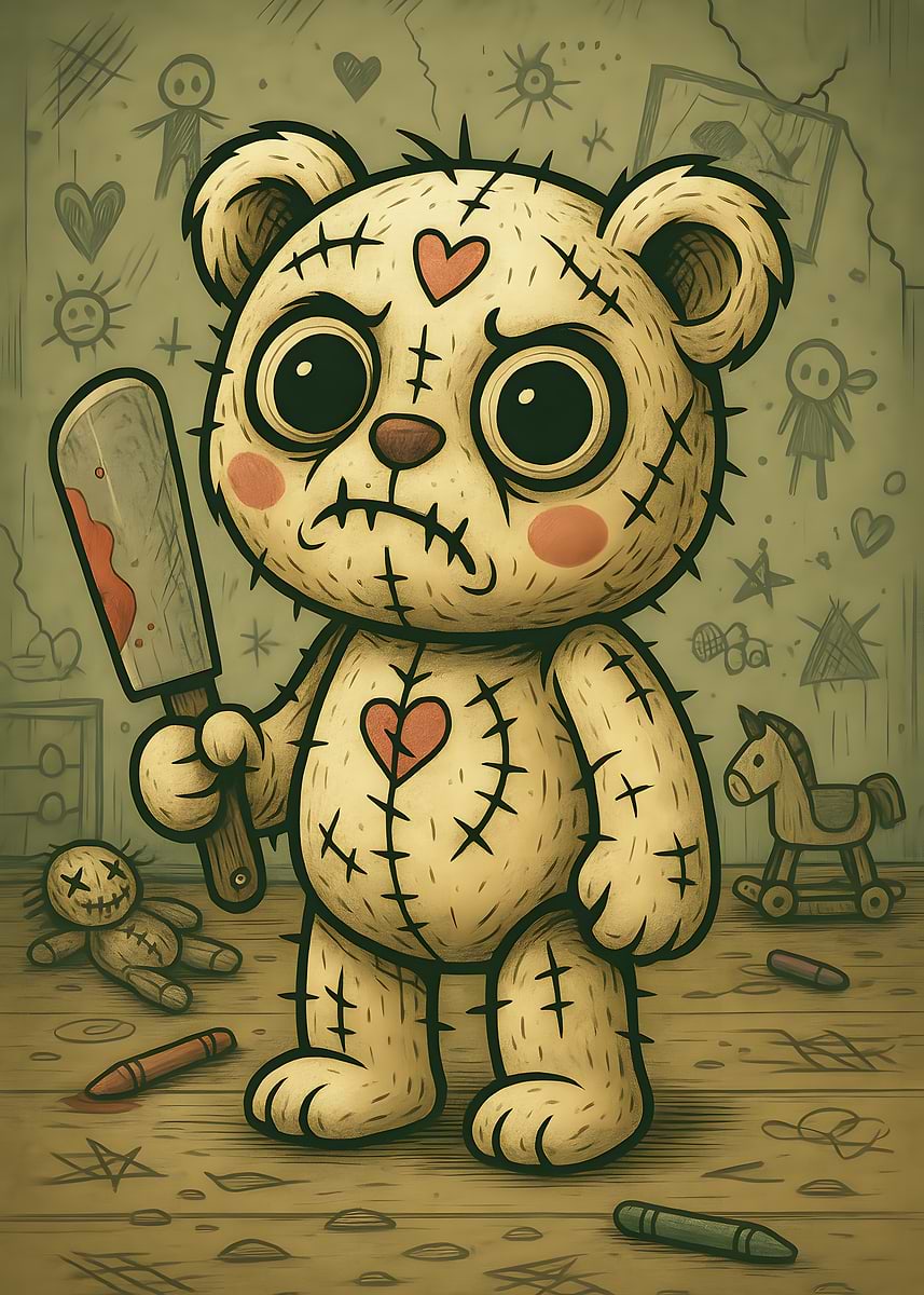'Creepy Teddy Bear with Cleaver' Poster, picture, metal print, paint by ...