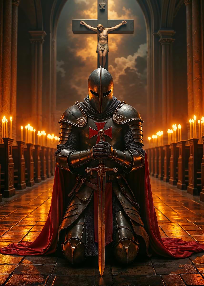 'Knight praying in church with his sword' Poster, picture, metal print ...