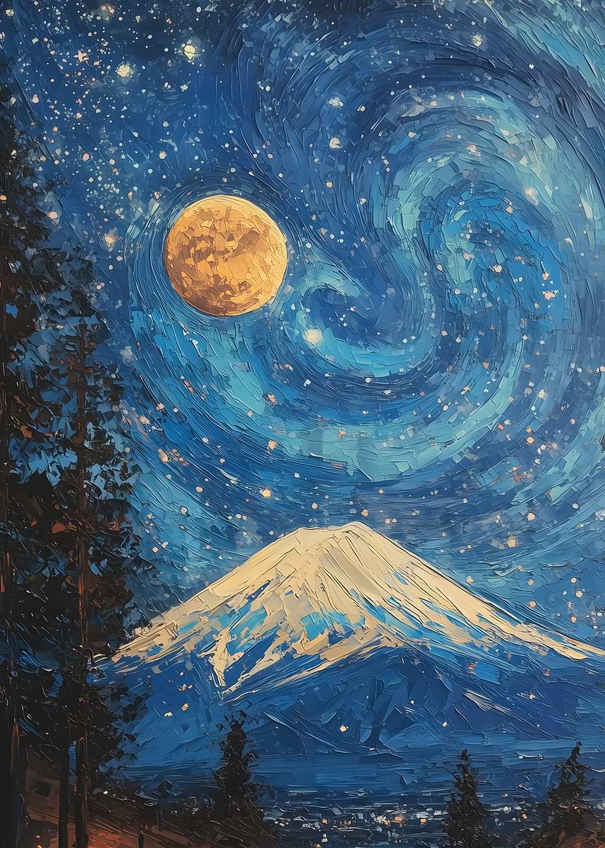 'Mount Fuji Starry Night Painting' Poster, picture, metal print, paint ...