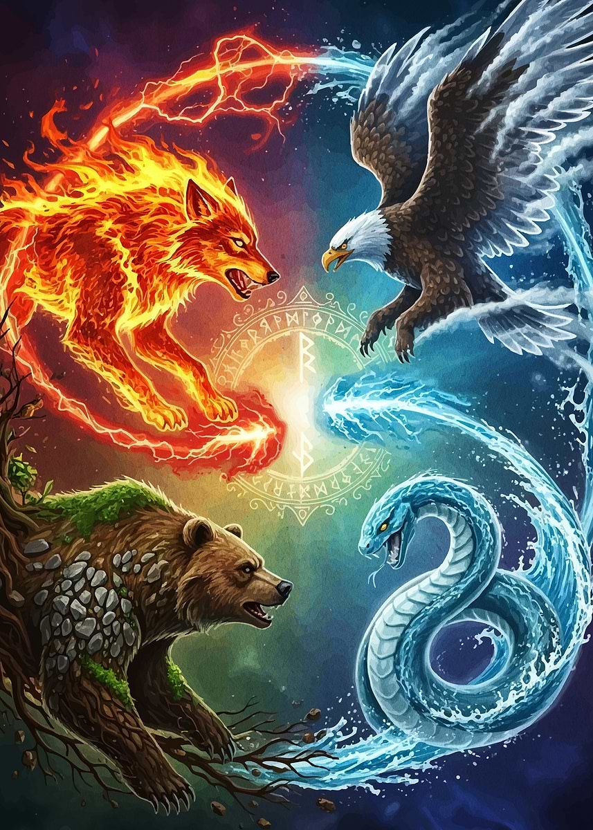 'Four Elements Animals ' Poster, picture, metal print, paint by ...