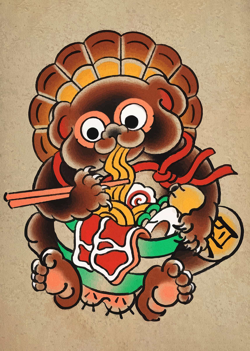 'Tanuki eating ramen illustration' Poster, picture, metal print, paint ...