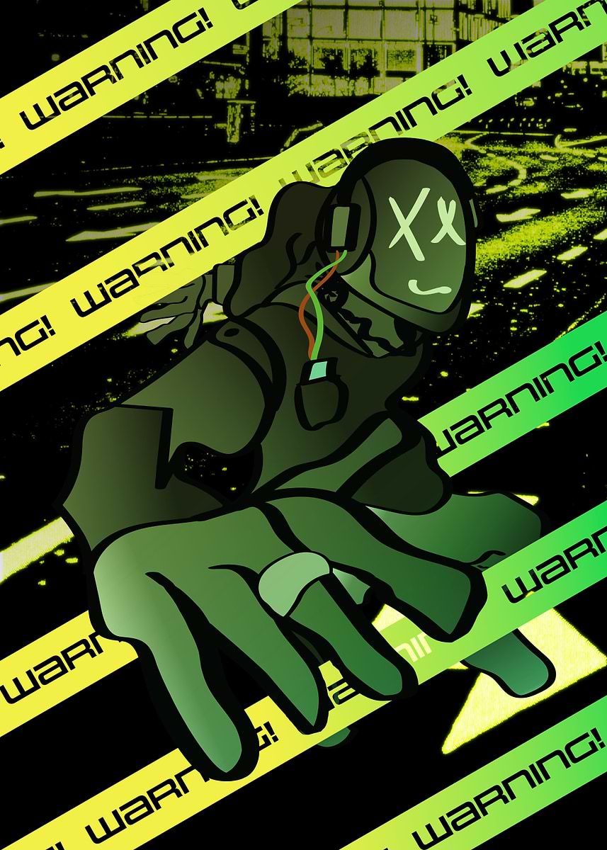 'Warning Tape Figure with Headphones' Poster, picture, metal print, paint by Kiyo Arts | Displate