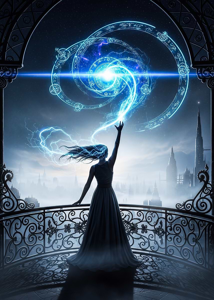 'Mystical Woman Casting Spell on Balcony' Poster, picture, metal print ...