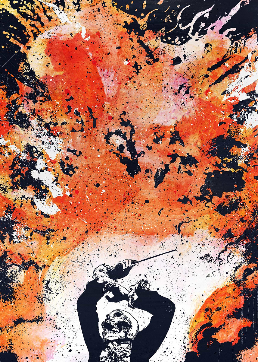 'Skeleton Conductor with Fiery Abstract Background' Poster, picture ...