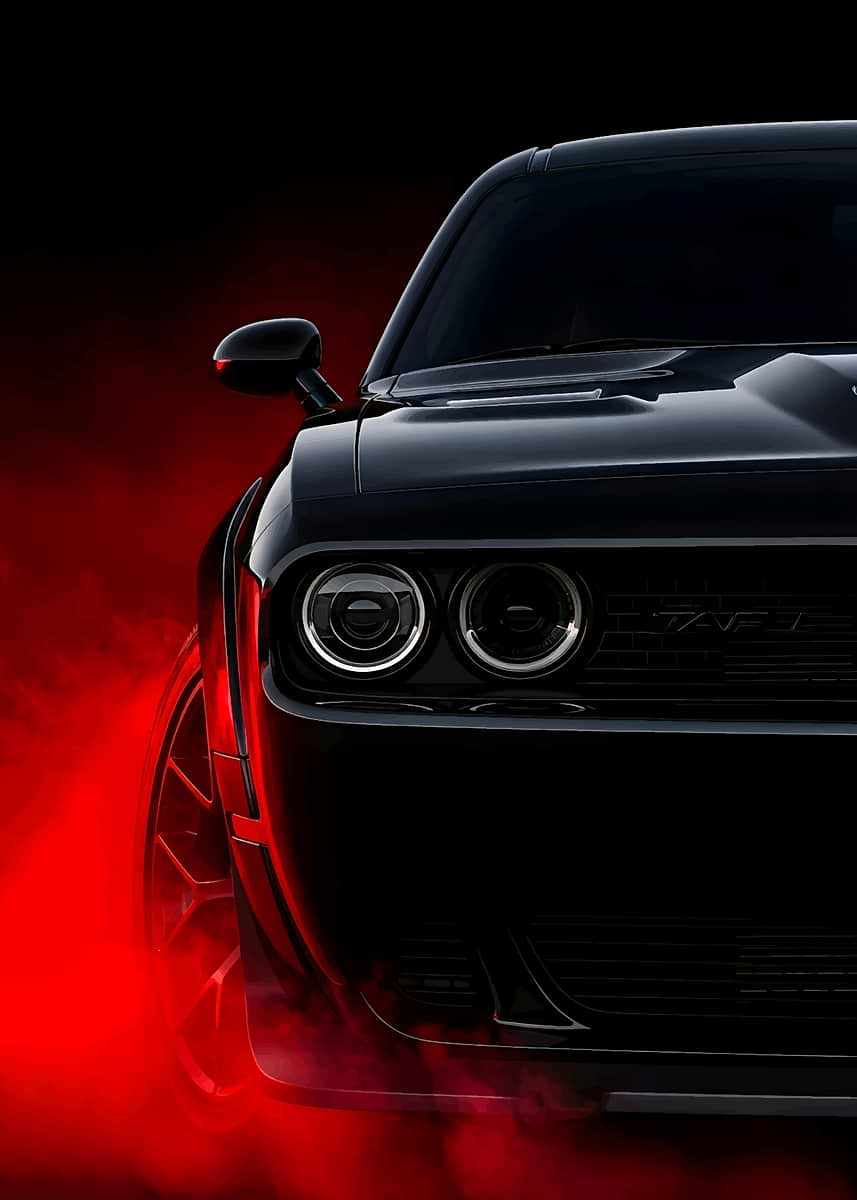 'Black Dodge Challenger with Red Smoke' Poster, picture, metal print ...