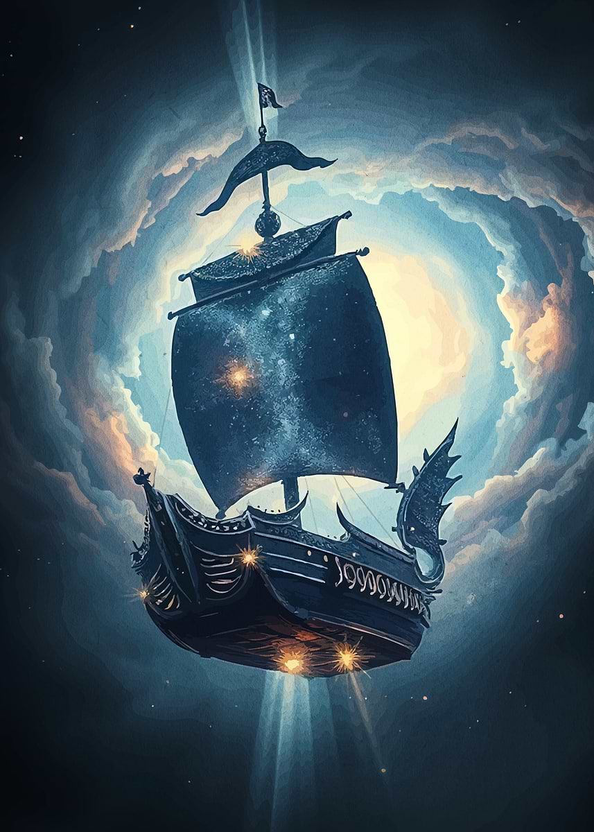 'Celestial Pirate Ship Cloudy Sky' Poster, picture, metal print, paint ...
