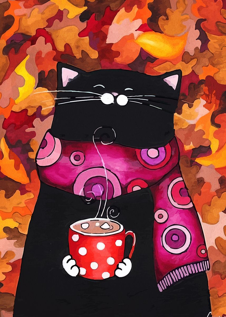 'Autumn Cat with Hot Chocolate' Poster, picture, metal print, paint by ...
