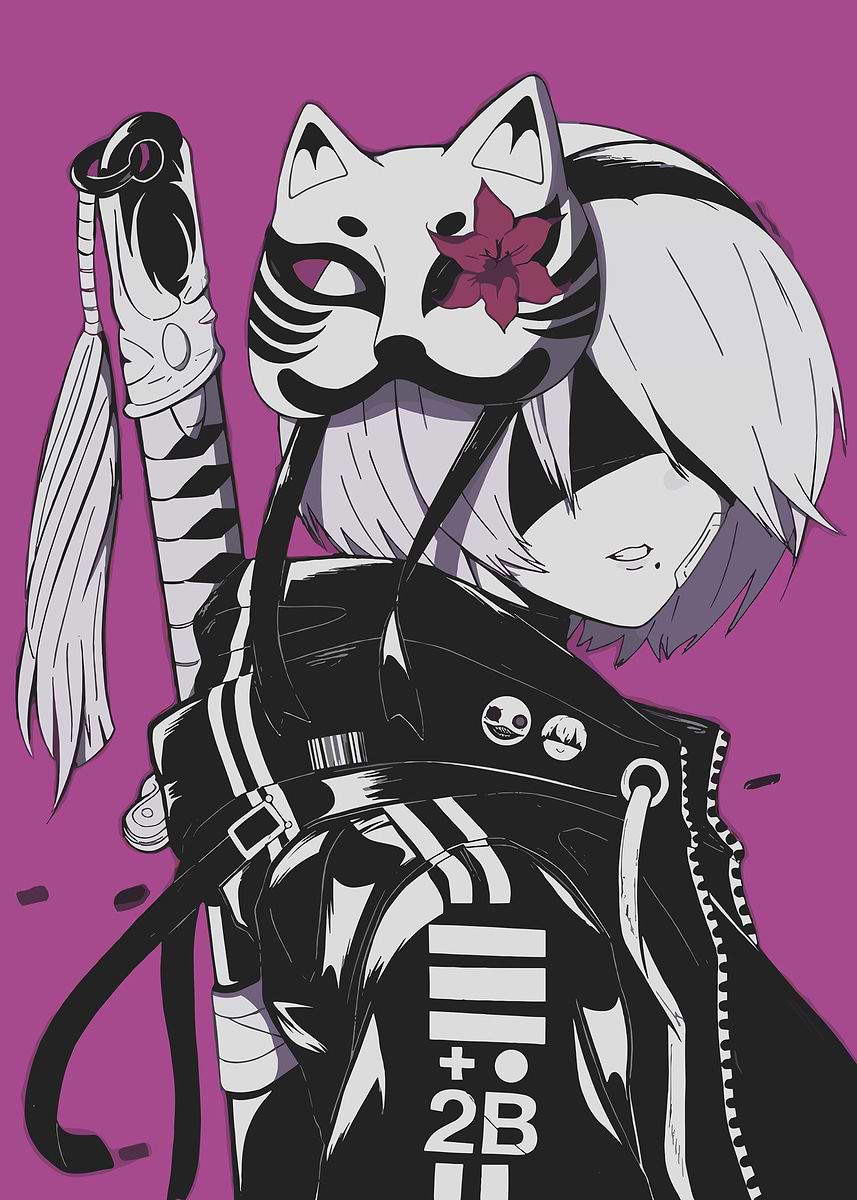 'Nier Automata 2B with Mask and Sword' Poster, picture, metal print ...