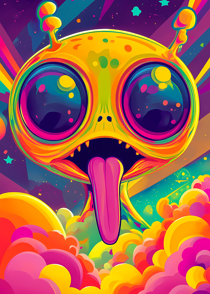 'Colorful Alien with Tongue Out' Poster, picture, metal print, paint by ...