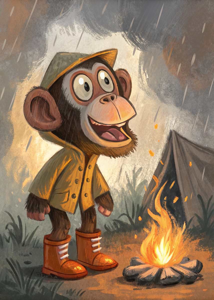 'Monkey Camping in the Rain' Poster, picture, metal print, paint by ...