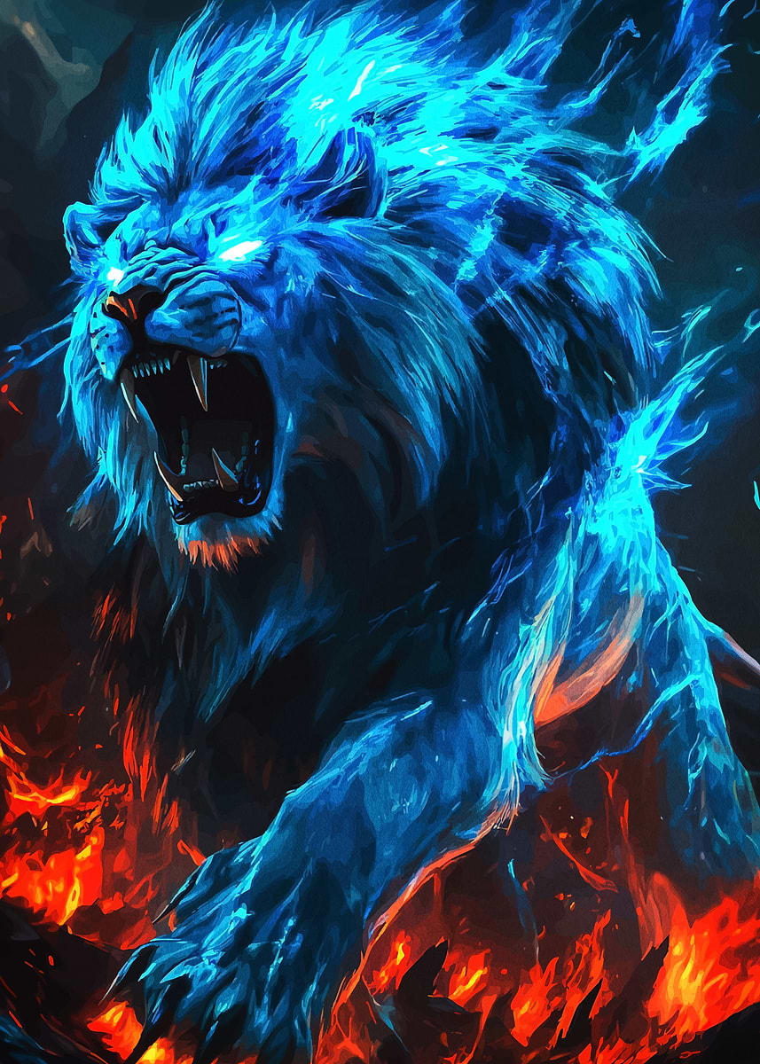'Blue Fire Lion Roaring Flames' Poster, picture, metal print, paint by ...