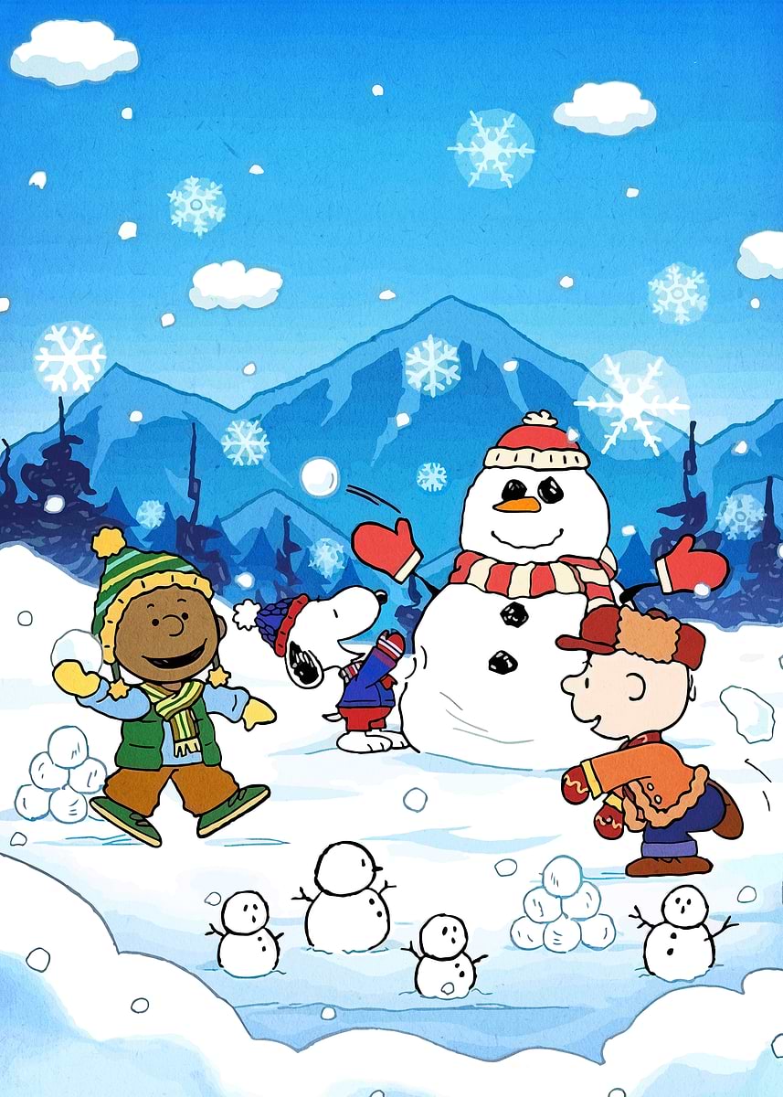 'Peanuts gang in winter snowball fight' Poster, picture, metal print ...