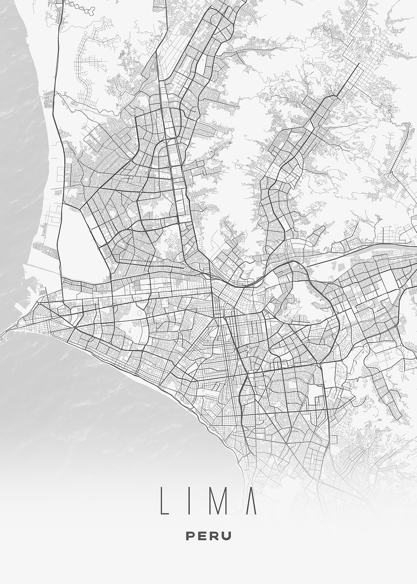 'Lima, Peru - Coastal City Map Poster, Modern Monochrome Urban Art ...