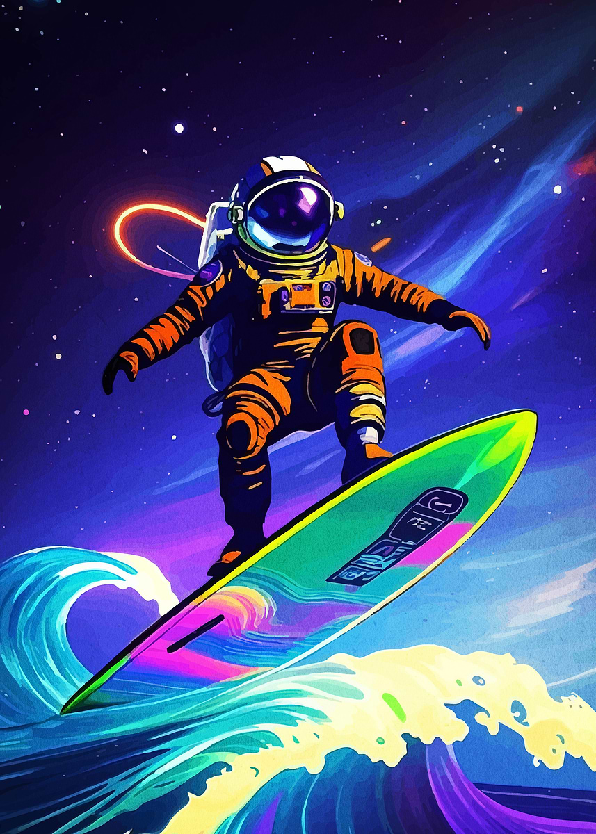 'Astronaut Surfing Space' Poster, picture, metal print, paint by ...