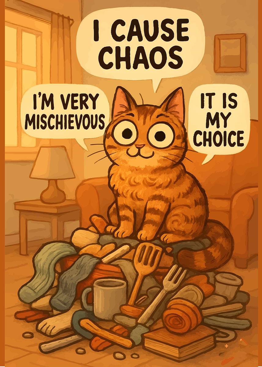 'Mischievous Cat Causing Chaos' Poster, picture, metal print, paint by ...