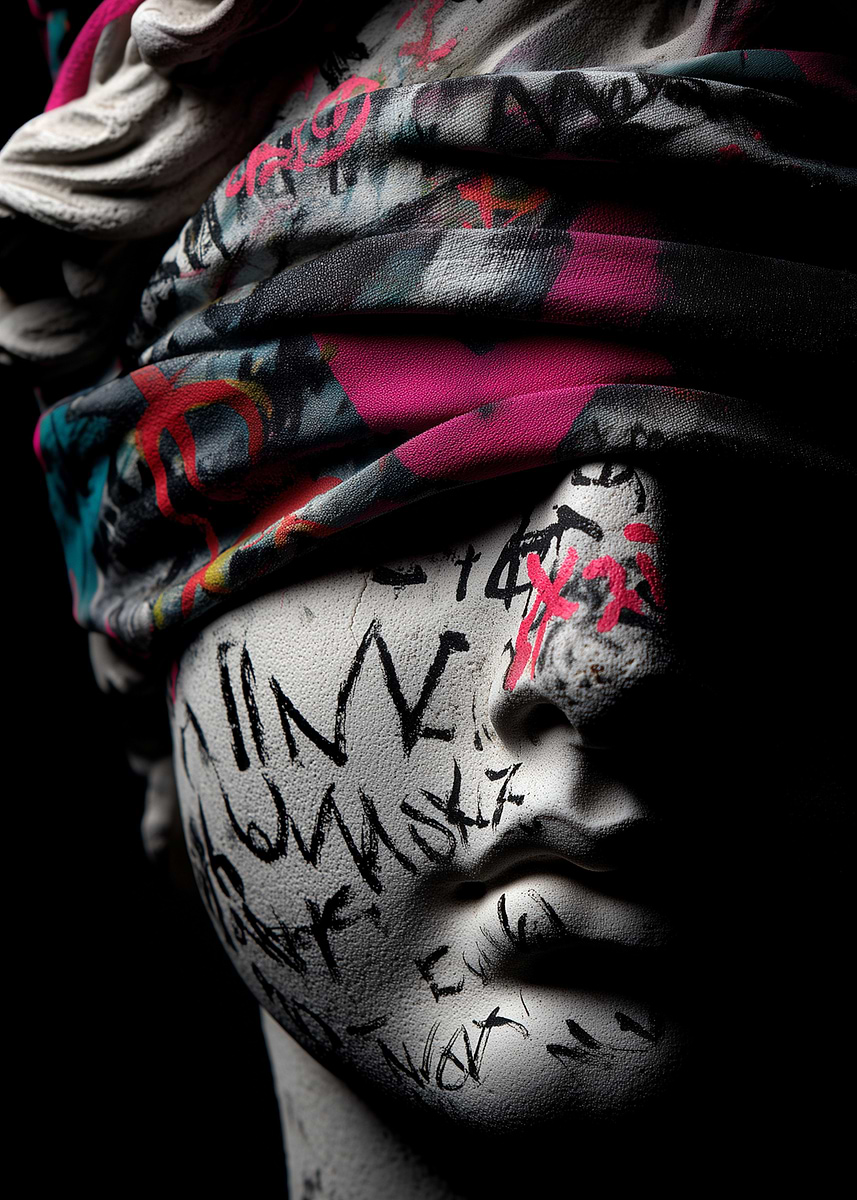 'Graffiti-Adorned Bust with Colorful Headwrap' Poster, picture, metal ...