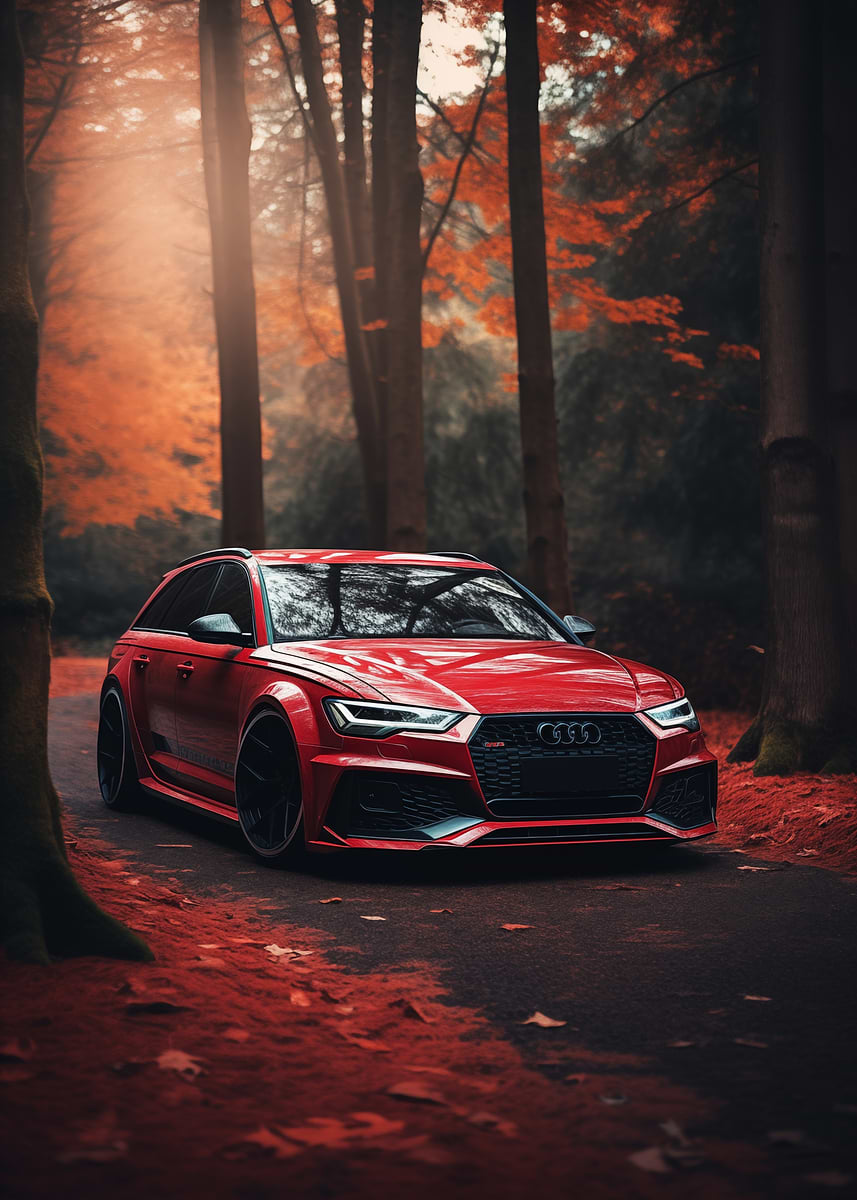 'Red RS6 fast car in autumn' Poster, picture, metal print, paint by ...