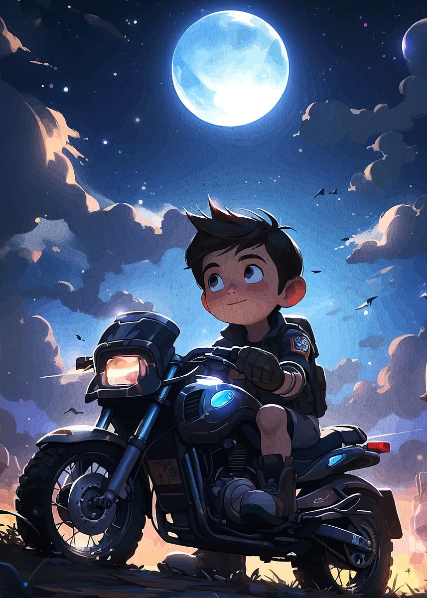 'Boy Motorcycle Moonlight' Poster, picture, metal print, paint by BradleyCox | Displate