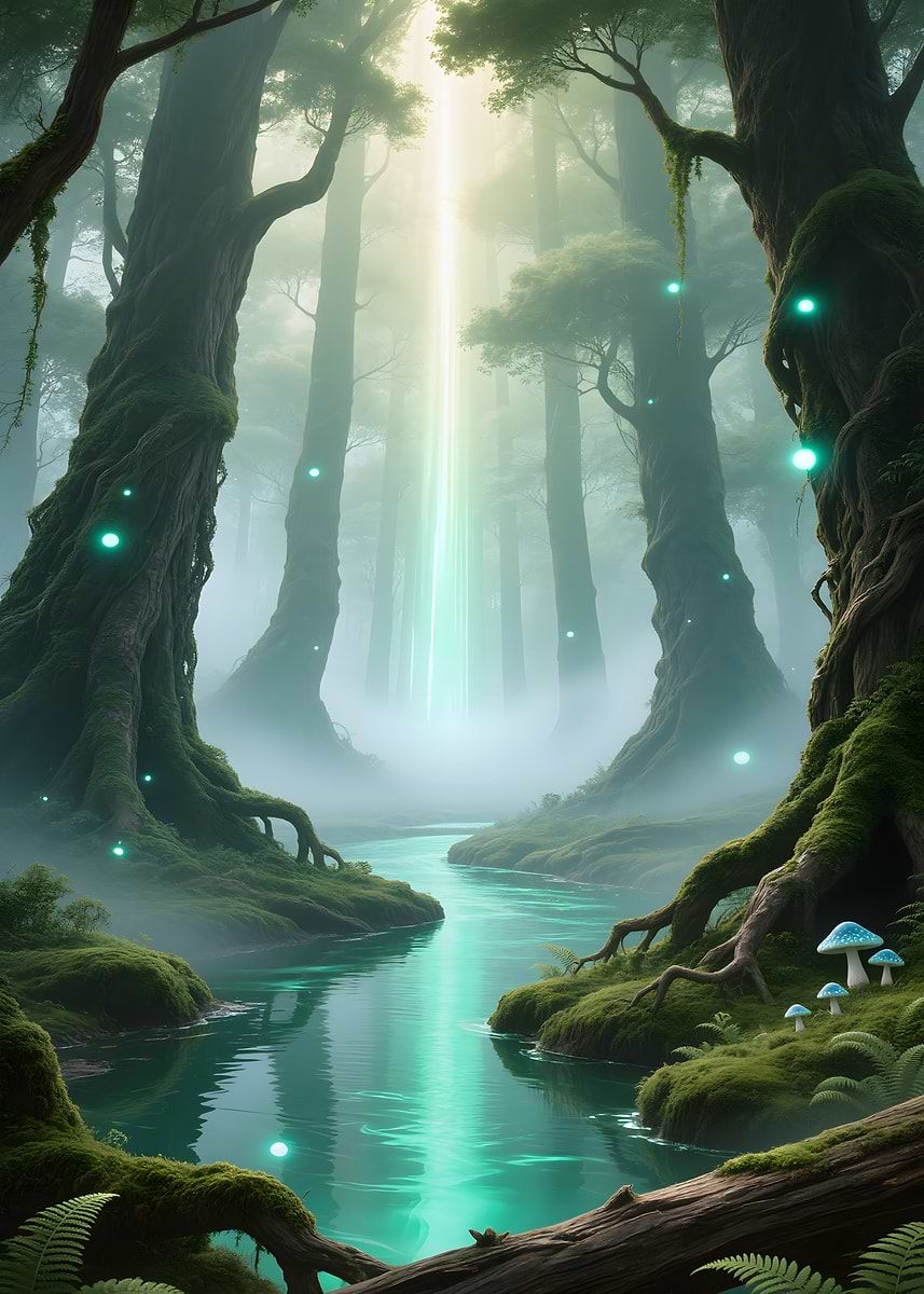 'Enchanted Forest Stream with Light Beam' Poster, picture, metal print ...