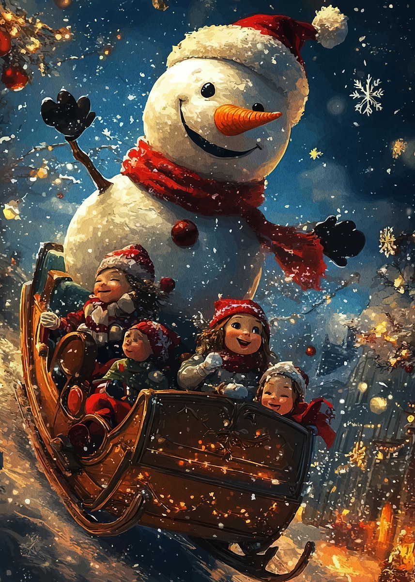 'Snowman Sleigh Ride Children' Poster, picture, metal print, paint by ...